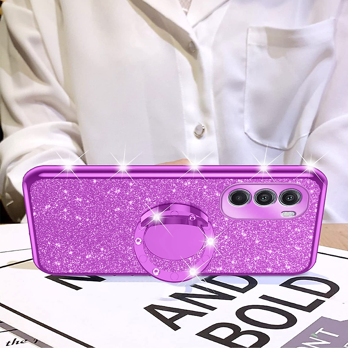 for Moto G-Stylus 5G 2022 Case: (NOT 4G/G Stylus 5G 2021) Motorola Phone Case with Ring Kickstand Lanyard Strap Shockproof Protective Cover Girls Women Cute Soft TPU Glitter Case - Purple