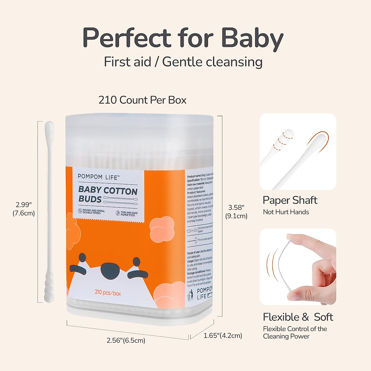 POMPOM LIFE Baby Cotton Swabs, 210 Count, Double Tipped Cotton Buds with Paper Stick, Round and Spiral, Good for Baby Ear and Nose Clean