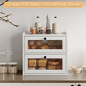 Alpeir Double Layer Large Bread Box for Kitchen Counter, Wooden Corner Bread Storage Container with Acrylic Window, White