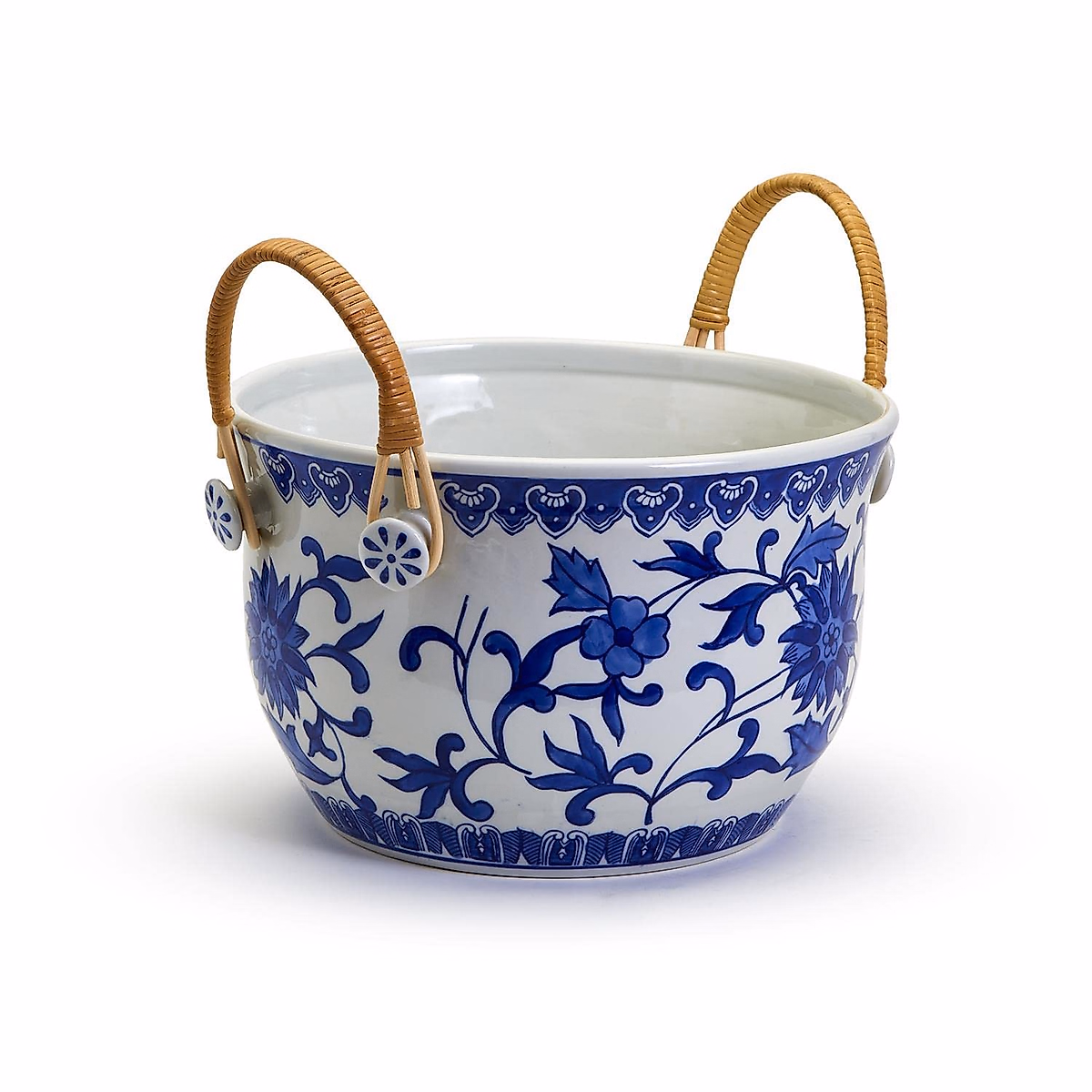 Two's Company Chinoiserie Blue and White Party Bucket with Bamboo Handles