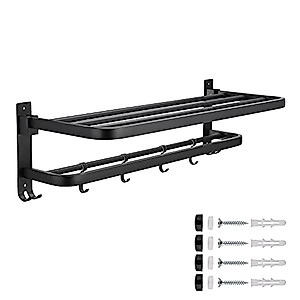 Yescom Foldable Towel Rack with Towel Hooks and Adjustable Towel Bar for Bathroom Wall Mounted 24 Inch 304 Stainless Steel Shelf Matt Black