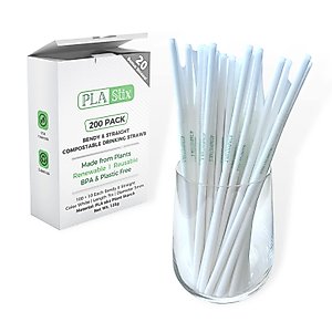 PLA Stix Compostable Drinking Straws - 200 [+20] White Disposable Straws: Bendy + Straight, 7 Inch Non-Plastic Reusable Straws made from Plants