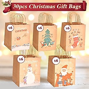 COGLARING 30Pcs Christmas Gift Bags Brown Kraft Paper Bag with Handles Bulk Heavy Duty for Xmas Gifts Holiday Party Favors Treat Goody Bags 7 * 3.8 * 9"