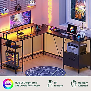 Huuger L Shaped Desk with Power Outlets & LED Lights, Reversible Computer Desk with Storage Shelves & File Cabinet, Corner Desk Home Office Desk, Black