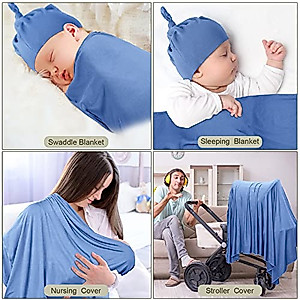 JaGely 2 Pack Baby Newborn Swaddle Blanket and Hat Set Large Stretchy Blankets with Soft Receiving for Boy Girl Essentials, Blue, Army Green, Hat: approx. 38 cm/ 15 inches in circumference