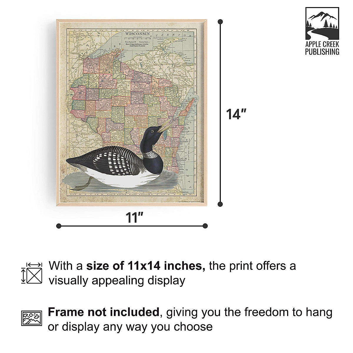 Apple Creek Wisconsin State Map Common Loon Call Decoy Poster Art Print 11x14 Cabin Wall Decor Pictures