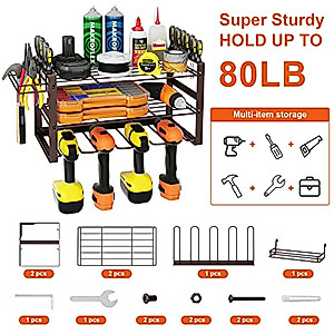 Power Tool Organizer, Heavy Duty Floating Tool Shelf, 3 Layers Metal Power Tool Holder Organization Garage Wall Mounted Utility Storage Rack for Cordless Drill Charging Station Screwdriver, Brown