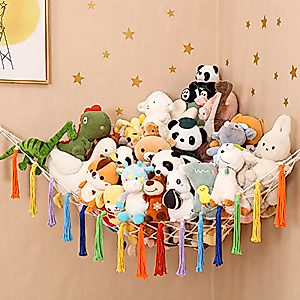 iKeelo 74x56x56 Macrame Toy Storage Hammock for Stuffed Animals, Fits 50-80 Plushies, Wall Hanging Toy Organizer for Kids Bedroom, Nursery and Playroom