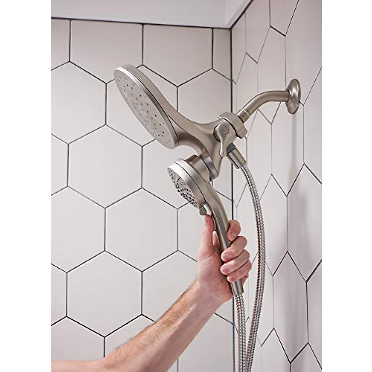 Moen Engage Magnetix Spot Resist Brushed Nickel Multi-Function Handshower and Rainfall Shower Head Trim Combo with Shower Handle, Tub Spout, Metal Hose and Valve, 82304SRN
