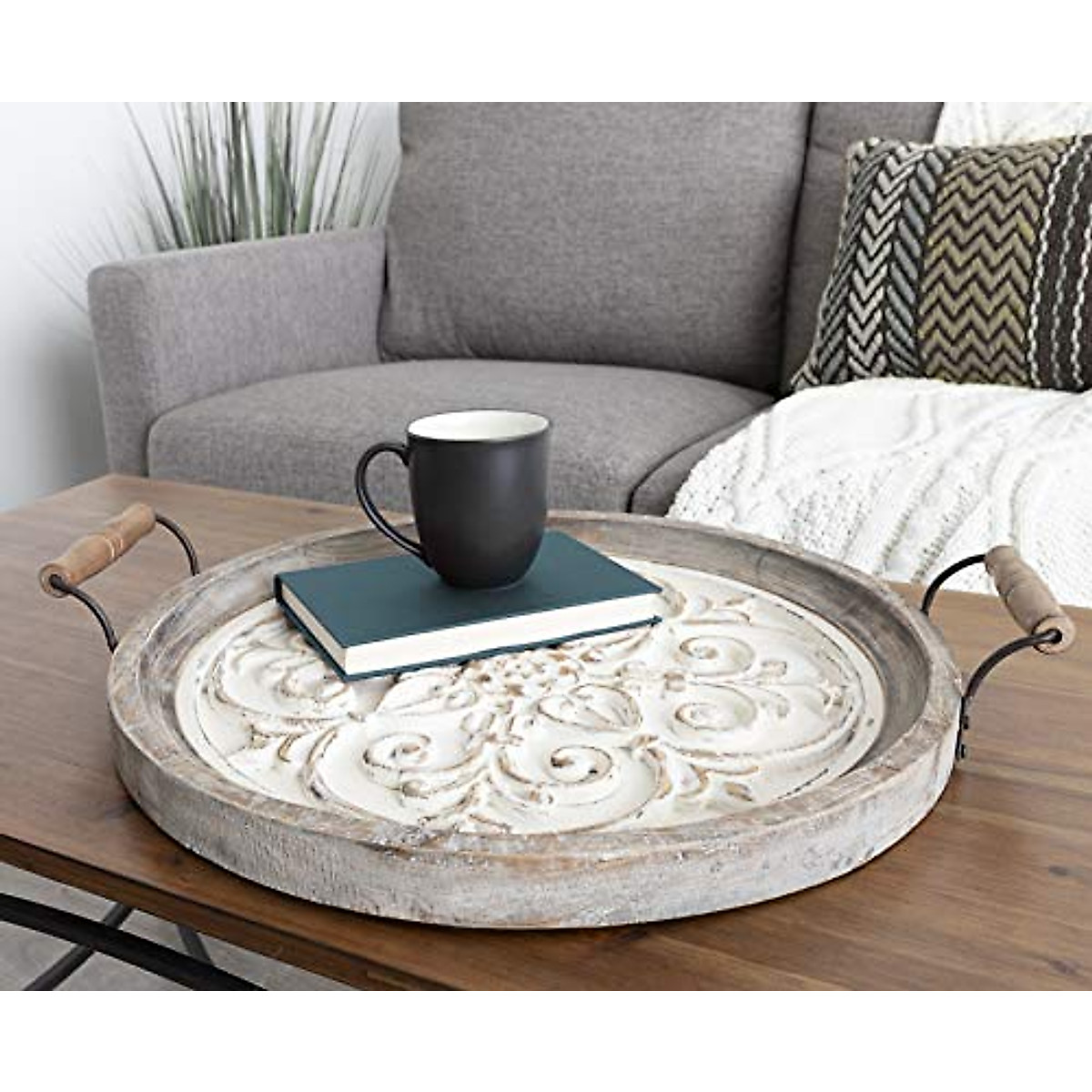 Kate and Laurel Hillrose Round Wooden Tray, 18 inch Diameter, Rustic Brown and White, Decorative Tray for Serving, Display, and Storage