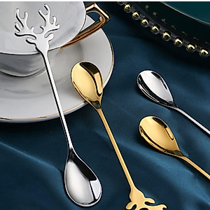 10 Pieces Gold Plated Stainless Steel Mini Coffee Espresso Spoon, Elk shaped spoon Dessert Teaspoons Small Soup Spoons 5.5 inch Specialty Demitasse Stirring Spoons