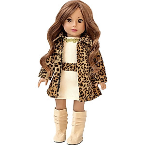 - Fashion Girl - 3 Piece 18 inch Doll Outfit - Cheetah Coat, Ivory Dress and Ivory Boots - (Doll Not Included)