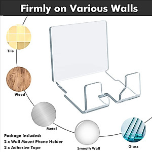 Kamehame 2 Pack Wall Mount Phone Holder Adhesive Cell Phone Charging Stand Smartphone Storage Organizer Bracket for Home Office Compatible with All Phone, Silky White & Clear