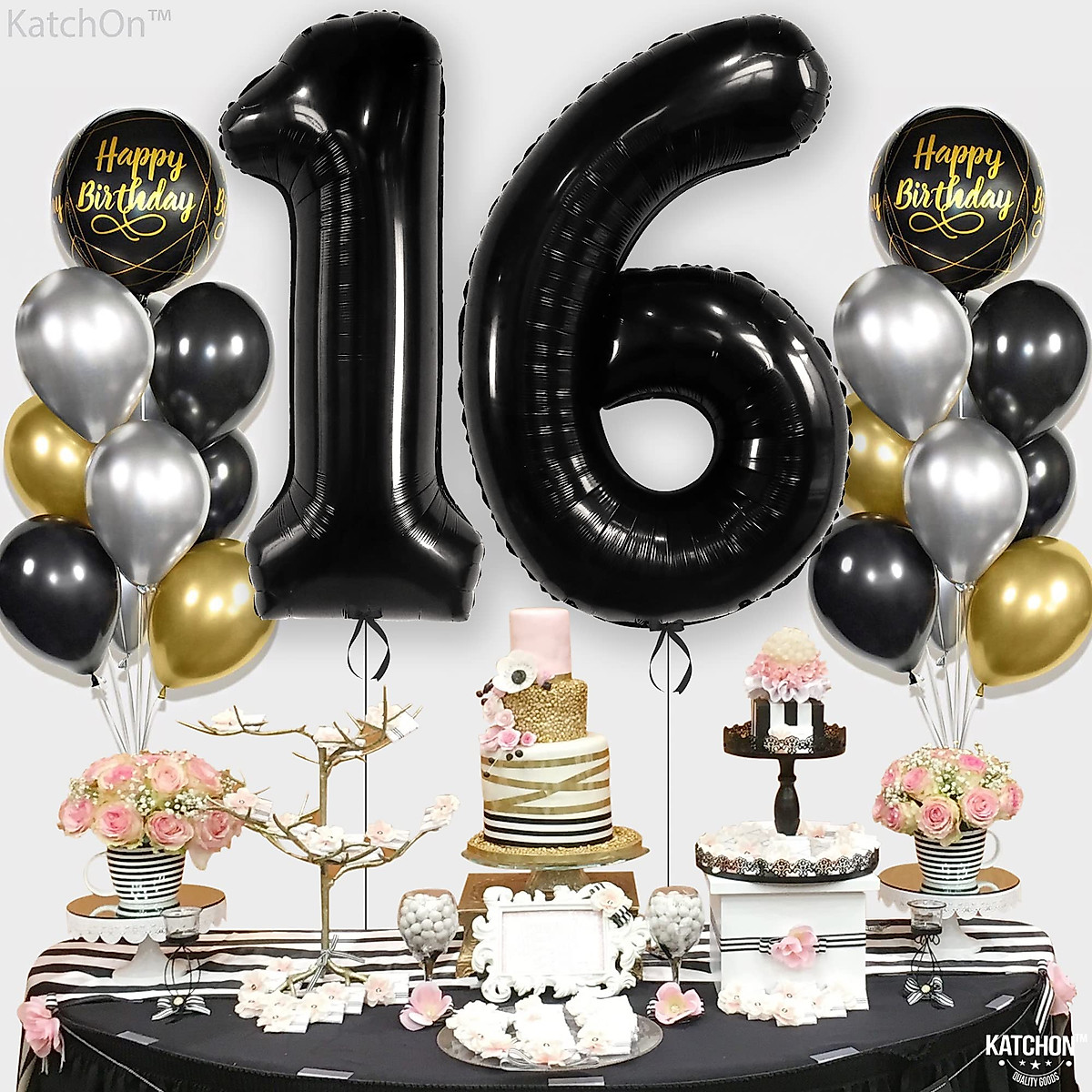 KatchOn, Giant Black 16 Balloon Numbers - 40 Inch | 16 Birthday Balloons for Sweet 16 Birthday Decorations | 16th Birthday Decorations for Boys | Sixteen Balloon, 16th Birthday Decorations for Girls