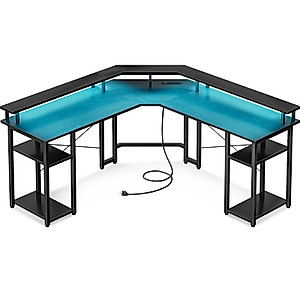 Coleshome L Shaped Gaming Desk with LED Lights & Power Outlets, Reversible 56" Computer Desk with Full Monitor Stand & Storage Shelves, Ergonomic Home Office Corner Desk, Black