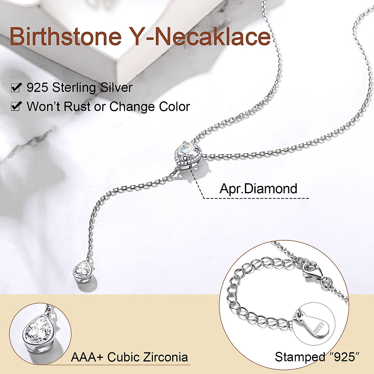 FOCALOOK 925 Sterling Silver CZ Teardrop Lariat Necklace 16"-18" Y Drop Adjustable April Birthstone Synthetic Diamond Necklaces for Women