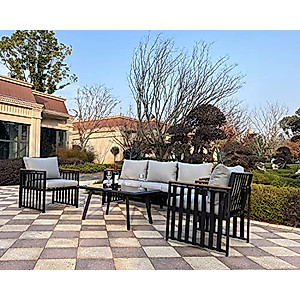 DECMICO Patio 5-Seat Sectional Sofa, Wide Outdoor U-Shaped Steel Frame Finished Rubber and Grey Cushions Sofa Furniture Set with Glass Coffee Tablefor Garden, Backyard, Balcony and Deck…