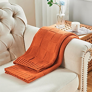 CozeCube Knit Throw Blanket,Orange Checkered Throw Blanket for Couch,Soft Cozy Warm Knitted Throw Blanket for Couch Bed Living Room, Decorative Spring Fall Throw Blanket 50"X60",Rust Orange
