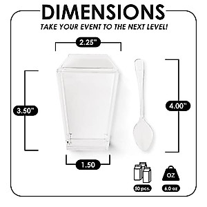 Dessert Cups with Lid and Spoon 50 Pack, Square Clear Plastic Cup, Reusable Parfait Cups, Tasting Bowls for Birthdays, Wedding, Parties, 6 oz