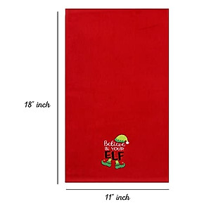 Christmas Fingertip Towels: Plush Velour Cotton Embroidered Believe in Your Elf on Red, Set of 2