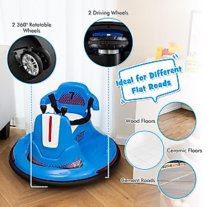 Costzon 12V Kids Ride On Bumper Car, Electric Bumper Car w/Dual Joysticks, Remote Control, 360° Spin, Slow Start Function, LED Lights & Fun Music, Adjustable Safety Belt, Soft Bumper (Blue)