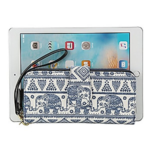 LATH.PIN Bohemian Purse Wallet Canvas Elephant Pattern Handbag with Coin Pocket and Strap (White, Large)