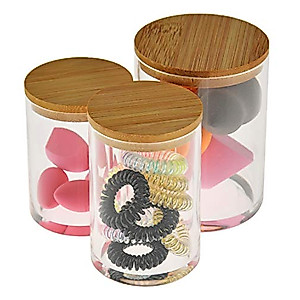 ARAD Cotton Ball, Swab, Q-tip Storage Set, 1-Piece, 3 Compartment, Clear Acrylic Jar Container with Bamboo Lid, Easy Organization on Bathroom Counters, Under-Sink Placement-6"D x 4.5" H