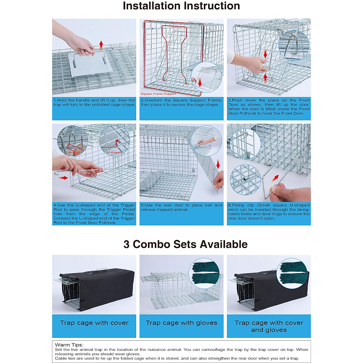 Live Animal Trap Cage with Cover, Cat Trap for Stray Cats 32 Inch Heavy Duty Folding Skunk Trap with Real Door for Raccoons, Opossums, Groundhogs, Skunks, Feral Cats, Squirrels-2 Packs