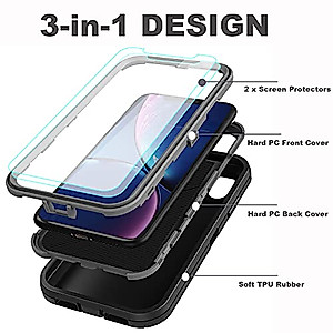 for iPhone XR Case with 2 x Screen Protector, Heavy Duty Shockproof/Drop Proof/Dust Proof 3-Layer Military Protection Full Body Rugged Defender Durable Cover for Apple iPhone XR (Black & Gray)