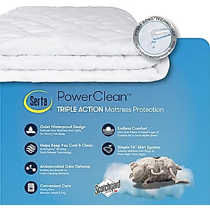 SERTA Power Clean Triple Action Quilted Soft Waterproof Mattress Pad Protector, Moisture Wicking Protection with 15" Deep Pocket, Twin, White