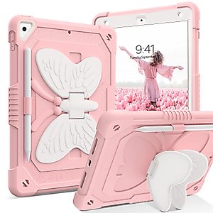 YINLAI for iPad 6th Generation Cases,iPad 9.7 Inch 6th/5th Generation 2018/2017/iPad Air 2nd Gen/iPad Pro 9.7 Case with Pencil Holder Butterfly Kickstand Girls Kids Shockproof Protective Cover,Pink