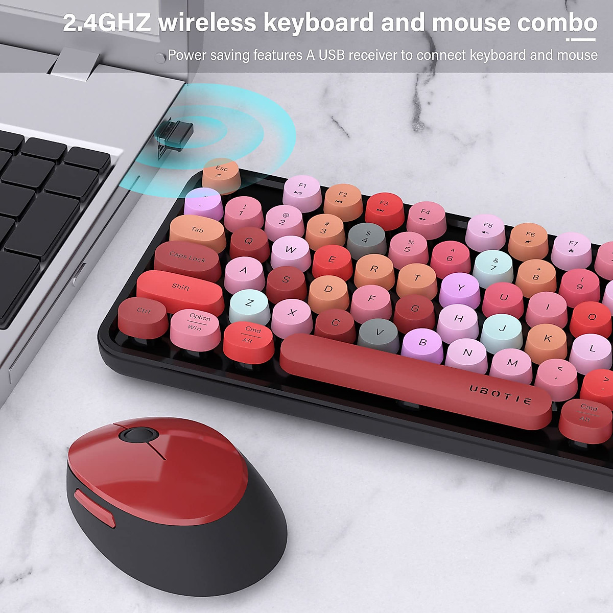 UBOTIE Colorful Computer Wireless Keyboard Mouse Combos, Typewriter Flexible Keys Office Full-Sized Keyboard, 2.4GHz Dropout-Free Connection and Optical Mouse (Black-Colorful)