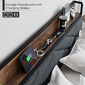 Homhougo Queen Size Bed Frame with Charging Station, Heavy-Duty Platform Bed with Storage Shelf & Button Tufted Fabric Headboard, Metal Slats Support, No Box Spring Needed, Noise-Free, Light Gray