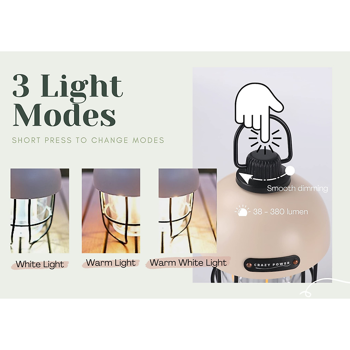 Crazy Power Camping Lantern Rechargeable LED Camping Light Premium Vintage Light 4500 mAh High Capacity Dimmable 3 Light Modes Waterproof for Camping Hiking Fishing Power Outages (CPG100 Apricot)