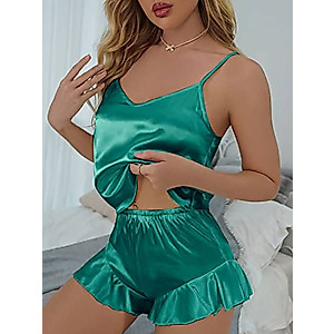 Samring Women's Silk Satin Pajamas Set 2 Pcs Silky Pj Sets Sleepwear Cami Nightwear Gift Green L