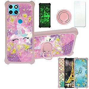 Case for Infinix Smart 6 Case Compatible with Infinix Smart 6 Phone Case Cover [with Tempered Glass Screen Protector][PC + TPU 2 in 1][Ring Support] [Gold Glitter+Luminous] JSF-DJS