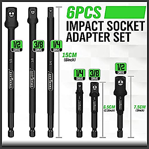 SWANLAKE 6-PCS Impact Grade Socket Adapter Set, 3-Inch and 6-Inch Hex Shank Impact Driver Socket Adapter, Socket to Drill Adapter 1/4" 3/8" 1/2" Impact Driver Adapter