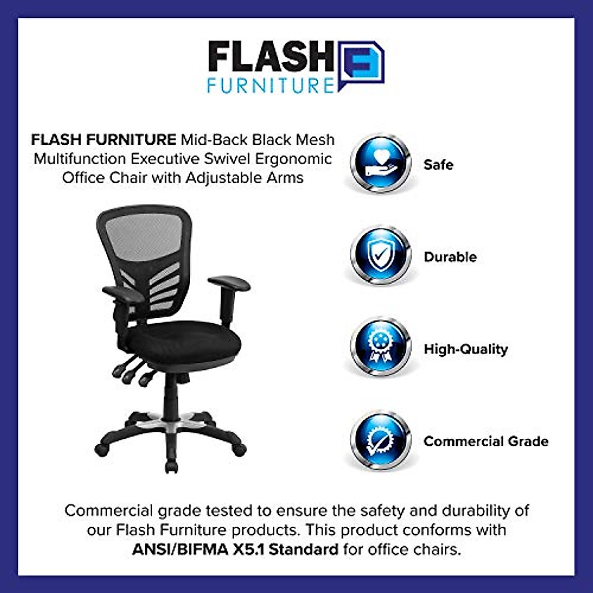 Flash Furniture Nicholas Mid-Back Black Mesh Multifunction Executive Swivel Ergonomic Office Chair with Adjustable Arms