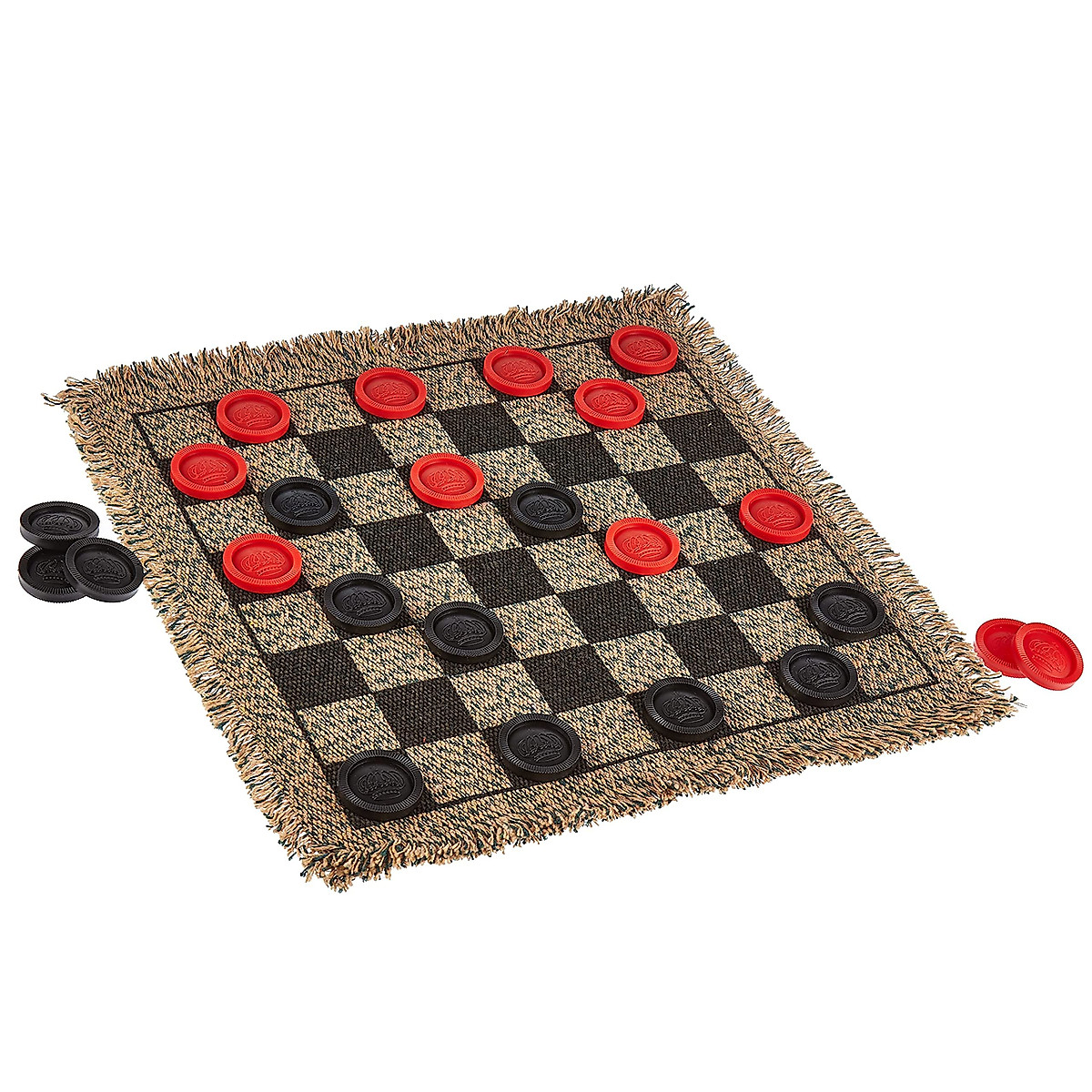 3-in-1 Mini Checkers Rug + Classic & Mega Tic Tac Toe - Portable Compact 12" x 12" Reversible Checkerboard Rug - Travel, Parties, Games on The Go, Family Board Game Night