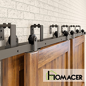 Homacer Black Rustic Double Track U-Shape Bypass Sliding Barn Door Hardware Kit, for Four Doors, 12ft Long Flat Track, T-Shape Design Roller
