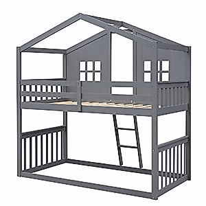Merax Twin Over Twin House Bunk Bed with Ladder, Twin Wood Bed Frame with Roof Design, Bunk Bed for Teens, Boys and Girls, Gray