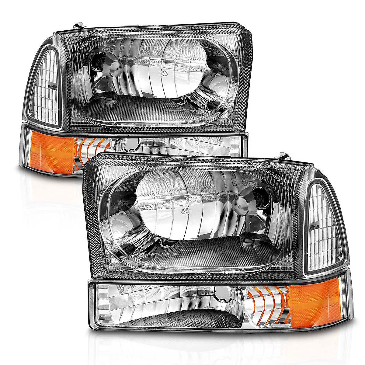 AmeriLite OE Chrome Replacement Headlights 4pcs Set w/Socket Bulb for 1999-04 Ford Excursion/Super Duty F250 F350 F450 F550 Truck - Passenger and Driver Side