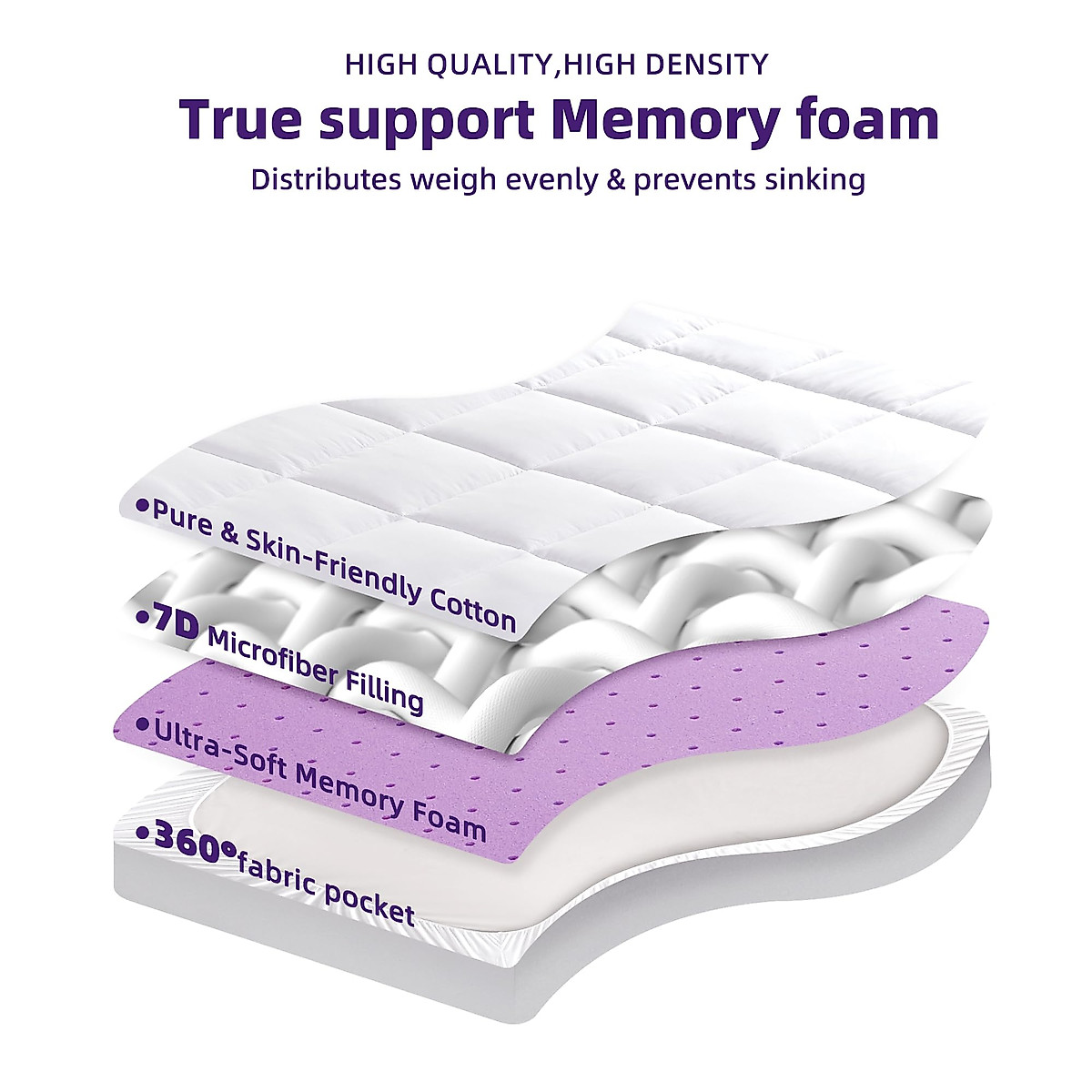 BDEUS 3 Inch Memory Foam with Mattress Pad in a Box,Ventilated Soft Mattress Pad, Bed Topper, CertiPUR-US Certified, King Size, Purple