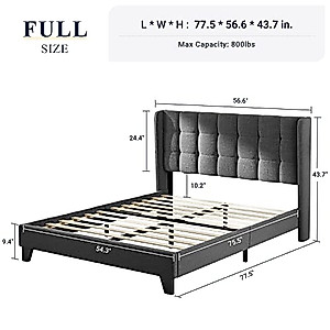Allewie Full Size Platform Bed Frame with Wingback, Fabric Upholstered Square Stitched Headboard and Wooden Slats, Mattress Foundation, Box Spring Optional, Easy Assembly, Dark Grey