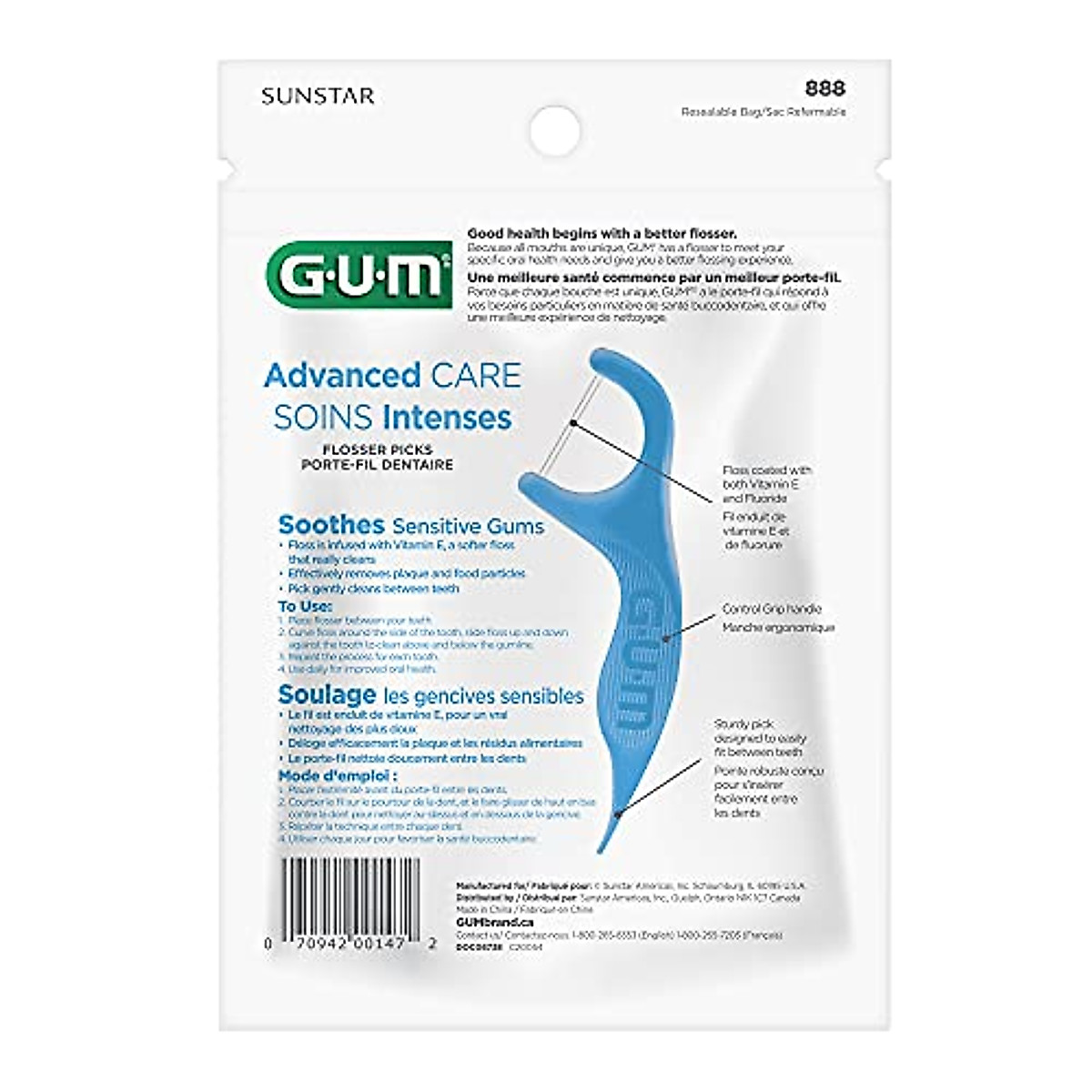 GUM - 888JC Advanced Care Flossers, Fresh Mint, Vitamin E & Fluoride, 150 Count (Pack of 4)
