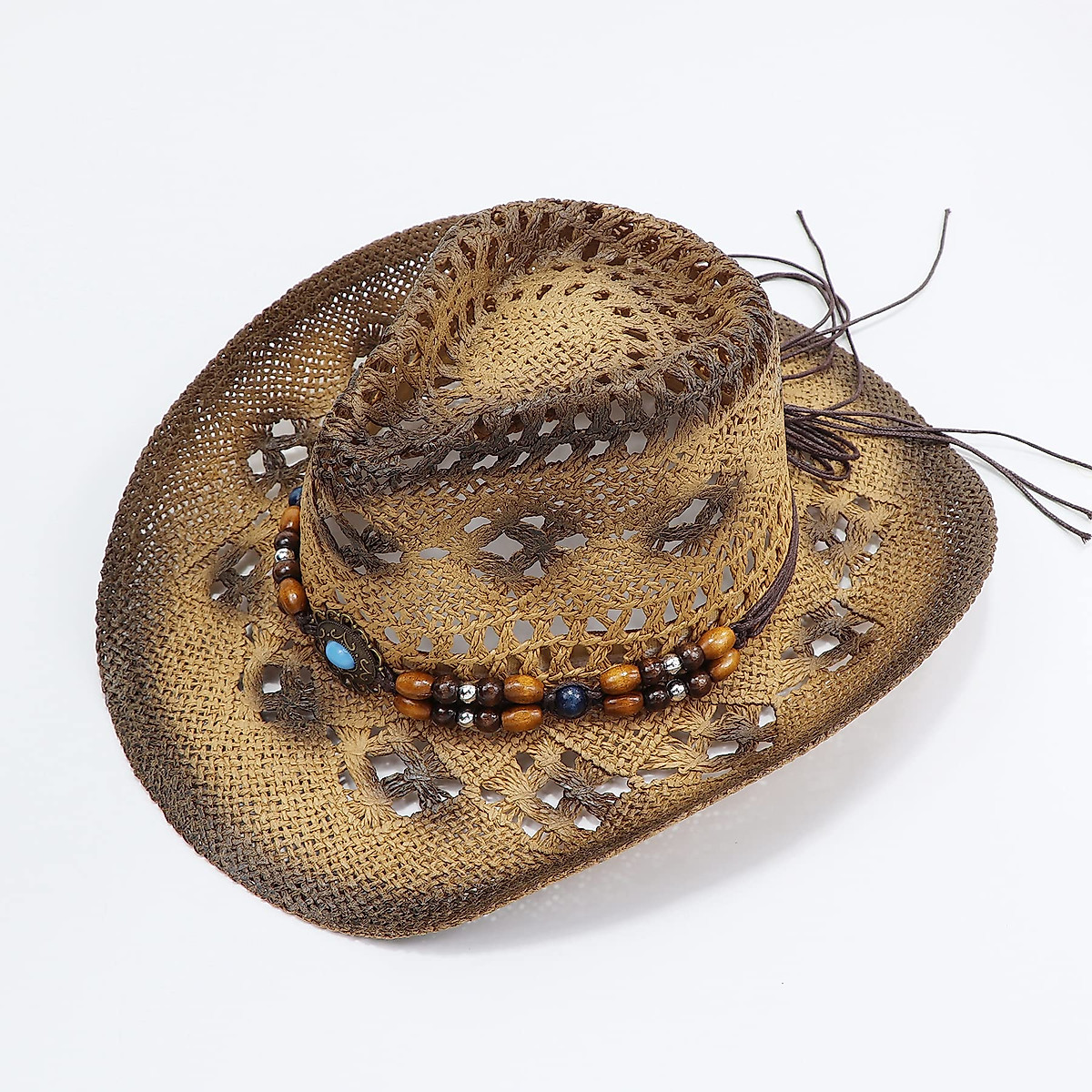 jiaoji Men & Women's Woven Straw Cowboy Cowgirl Straw Hat Cowboy Hats for Women Cowboy Hat Shapeable Brim, Beach Cowgirl (Tea Coffee/Beads)