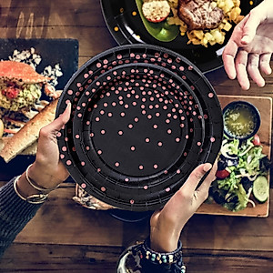 Black and Rose Gold Party Supplies 169 Pieces, Rose Gold Dot Black Paper Plates, Napkins, Cups, Cutlery, Banner for Graduation, Birthday, Cocktail Party, Retirement Party, Serve 24
