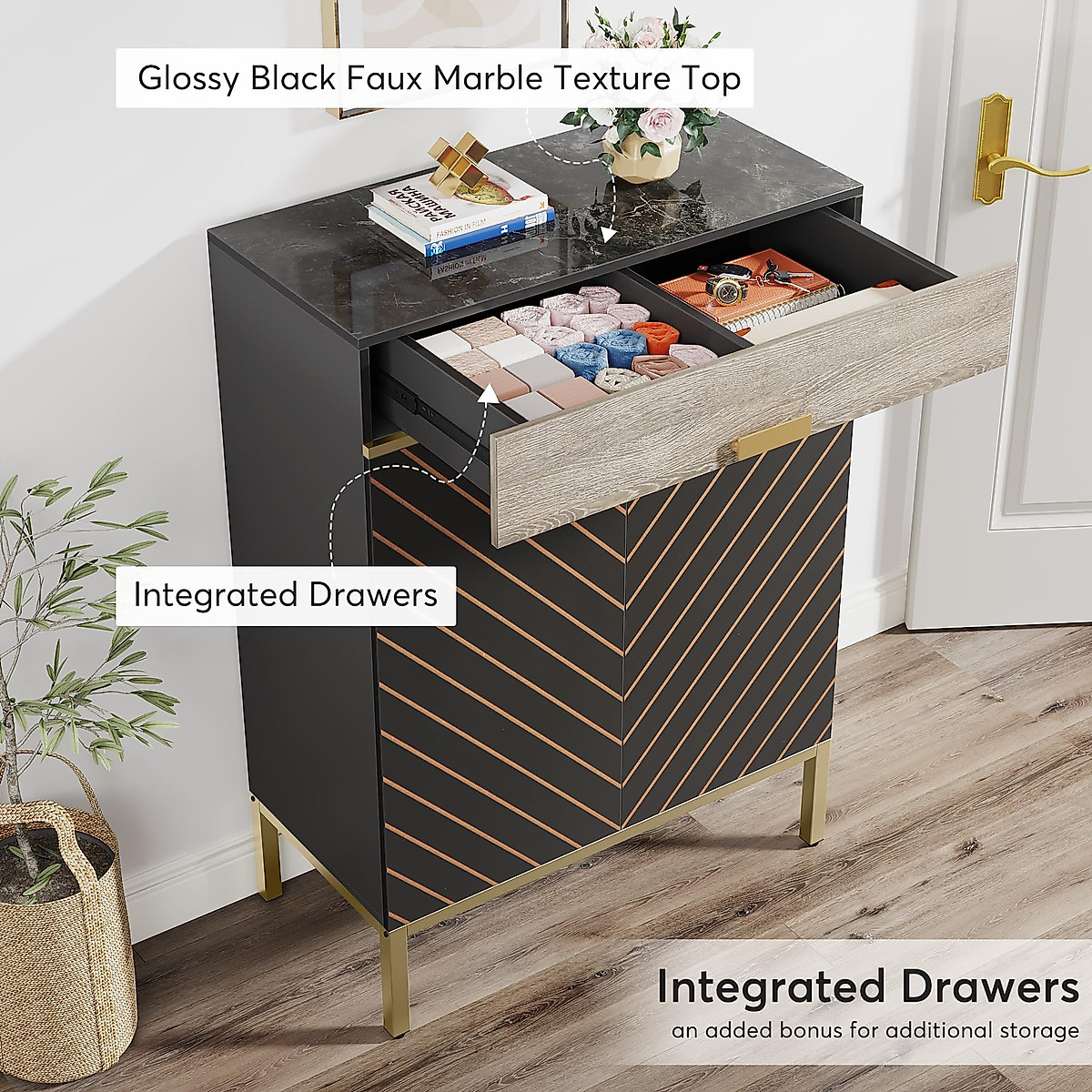 Tribesigns Shoe Cabinet with Drawers, 4-Tier Shoe Organizer with Removable Shelves, Modern Shoe Storage with Doors for Entryway, Hallway, Bedroom, Gray/Gold