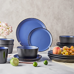 CREATIVELAND Round Stoneware Dinnerware Set Durable Kitchen and Dining,16 Piece Service For 4,Pasta Bowls,Large Salad Bowls,Porcelain Bowl,Wide and Shallow,Microwave and Dishwasher Safe. (Blue)