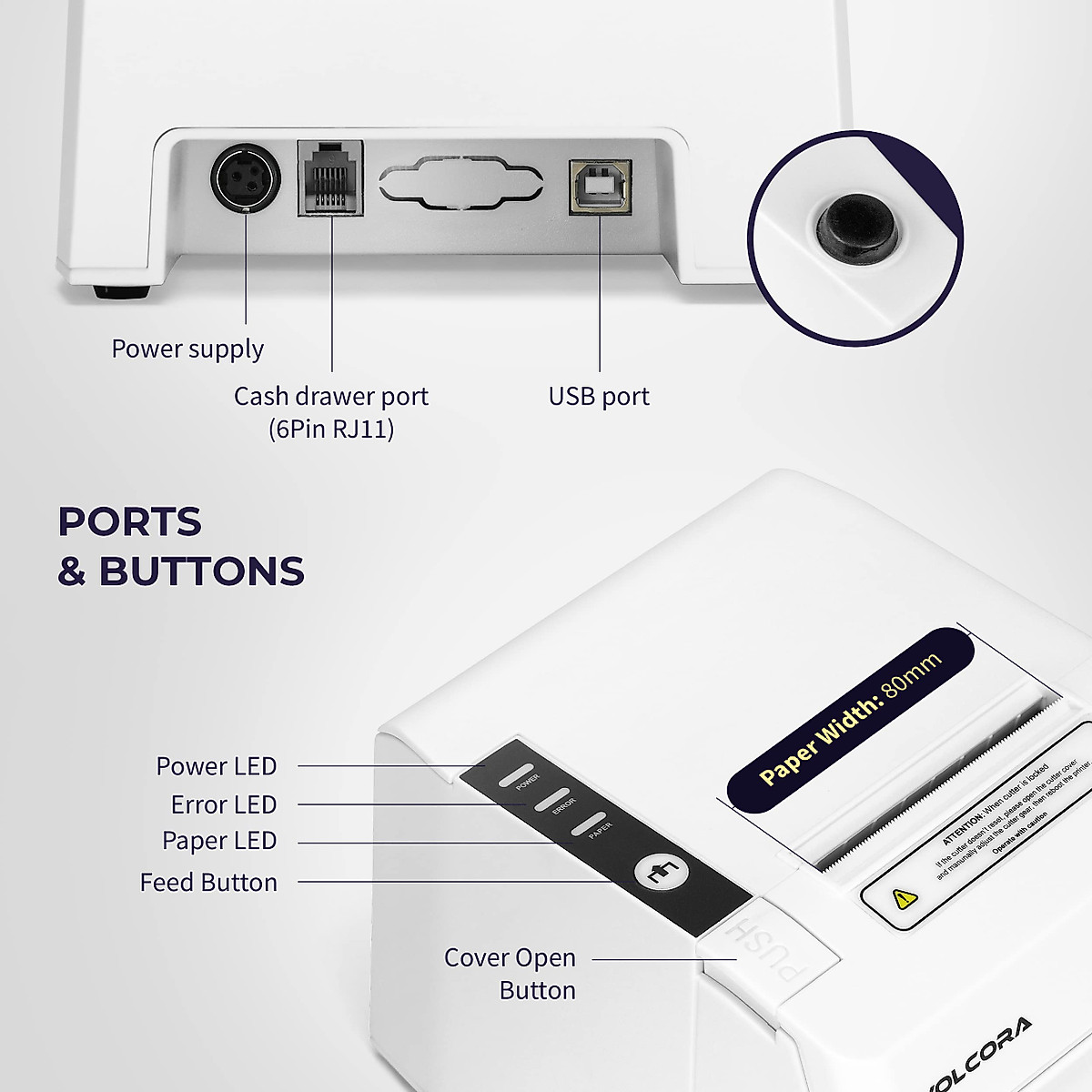 Thermal Receipt Printer, 80mm USB/Ethernet POS QR Code Printer with Auto Cutter for Cash Drawer/ESC/POS, Compatible with Android/Windows/Linux, Retailer and Restaurant Kitchen Use, Wall Mount, White